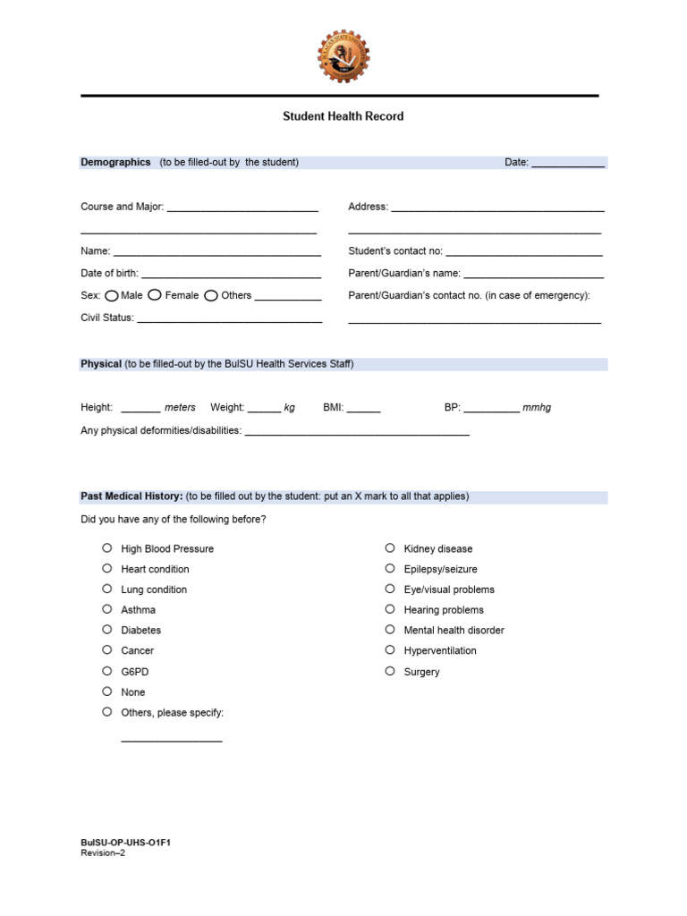 2025 BulSU Student Health Record Form | PDF | Hypertension | Human ...