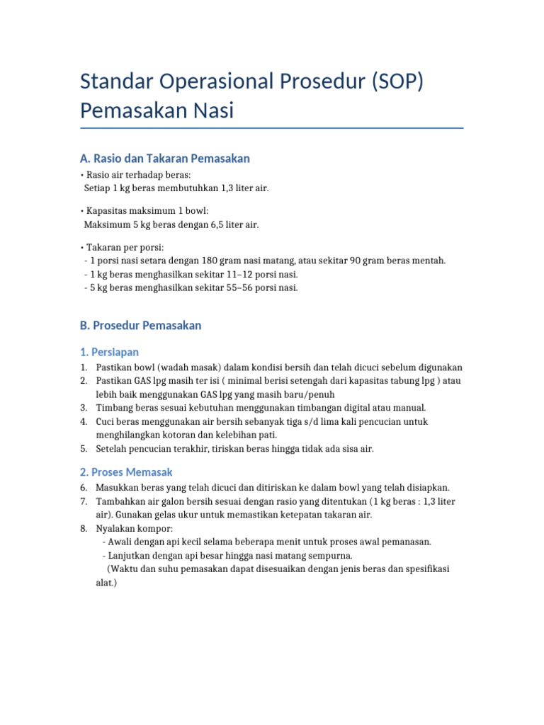 SOP Pemasakan Nasi | PDF