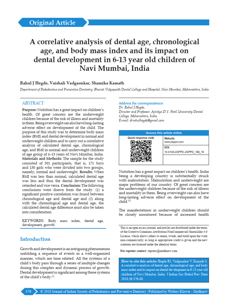 A Correlative Analysis of Dental Age,.10 | PDF | Body Mass Index ...