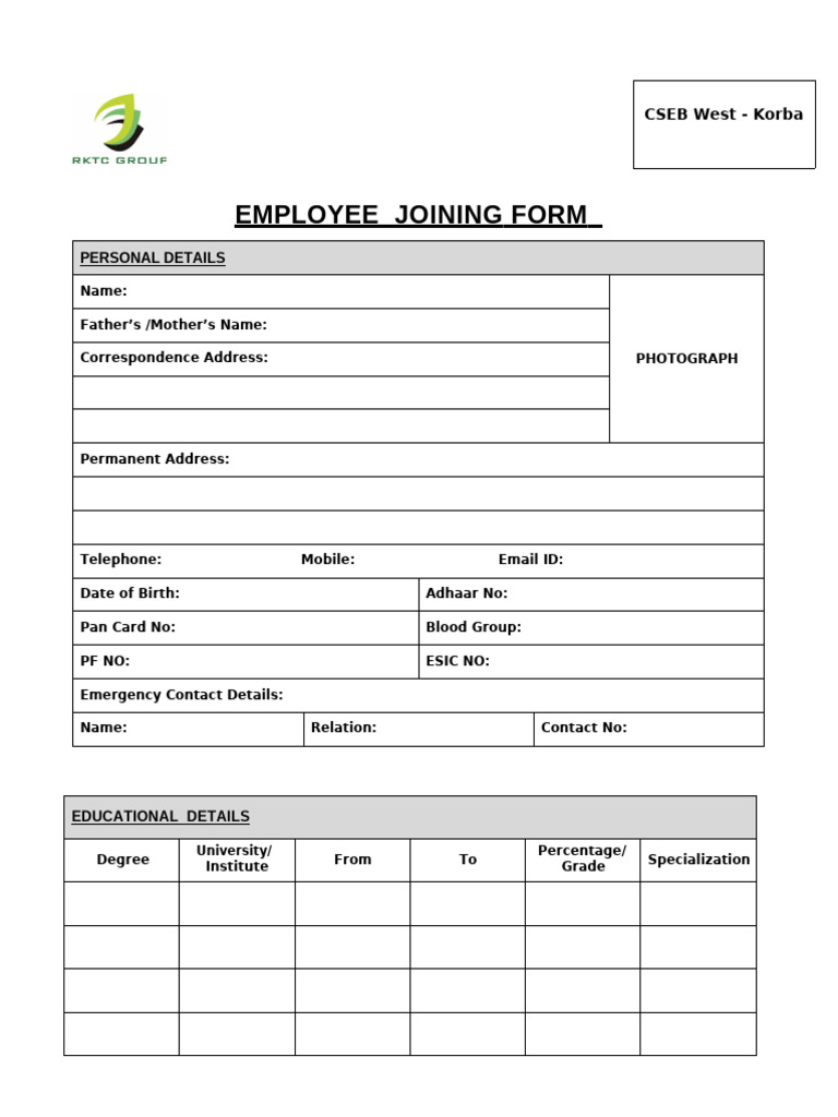 Employee Joining Form | PDF
