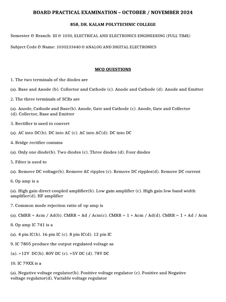 ADE MCQ Question Paper 1 | PDF | Amplifier | Operational Amplifier