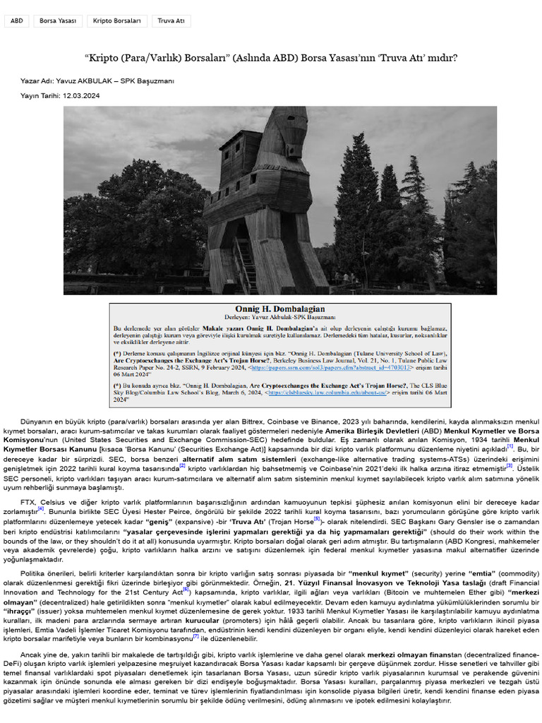"Kripto (Para - Varlık) Borsaları" (Aslında ABD) Borsa Yasası'nın Truva Atı' Mıdır | PDF