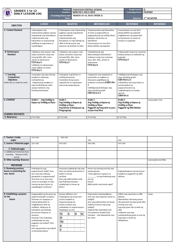 DLL - Filipino 2 - Q4 - W5 | PDF