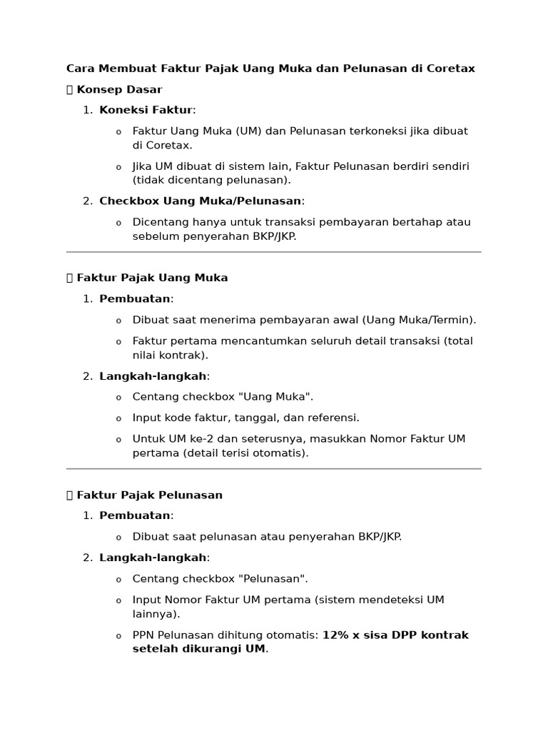 Cara Membuat Faktur Pajak Uang Muka Dan Pelunasan Di Coretax | PDF