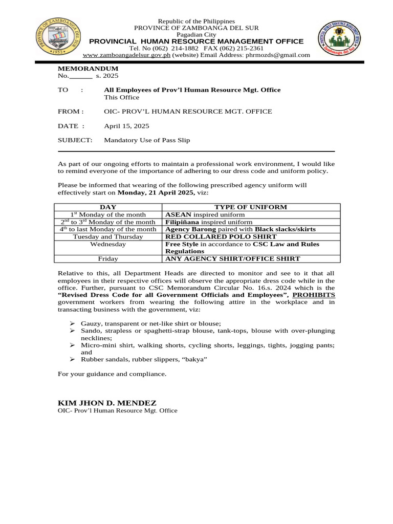 Mandatory Dress Code Memo for Employees | PDF