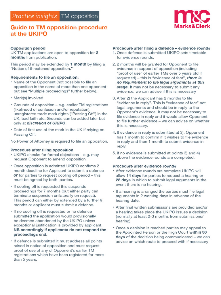 Updated Trademark Opposition Guides Ukipo | PDF | Trademark | Evidence