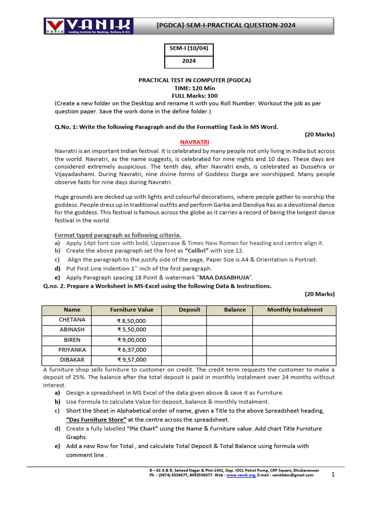 Pgdca Sem I Exam (Practical Paper) 2024 | PDF