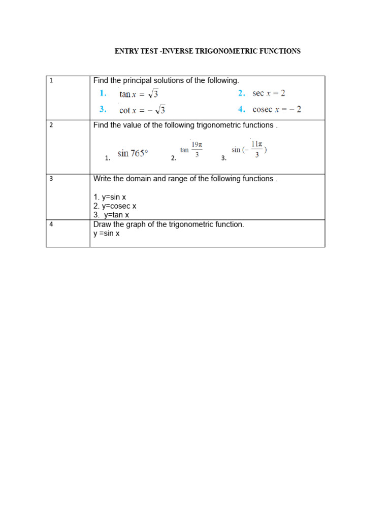 Inverse Trigonometric Functions Test | PDF