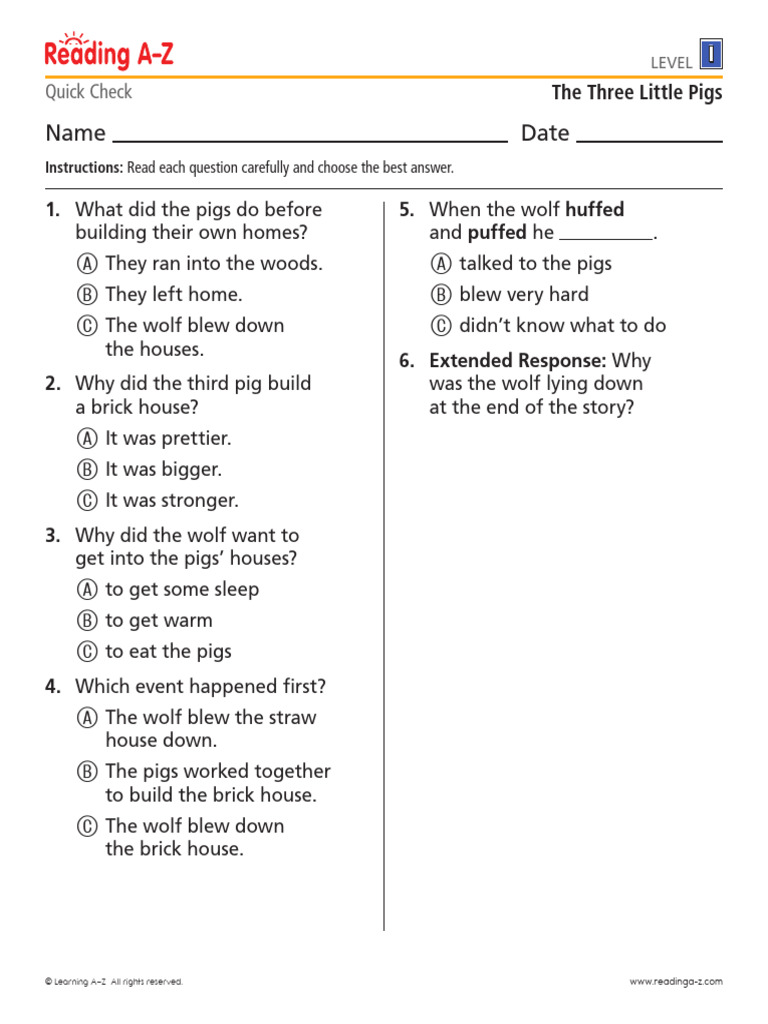 Three Little Pigs Comprehension Quiz | PDF