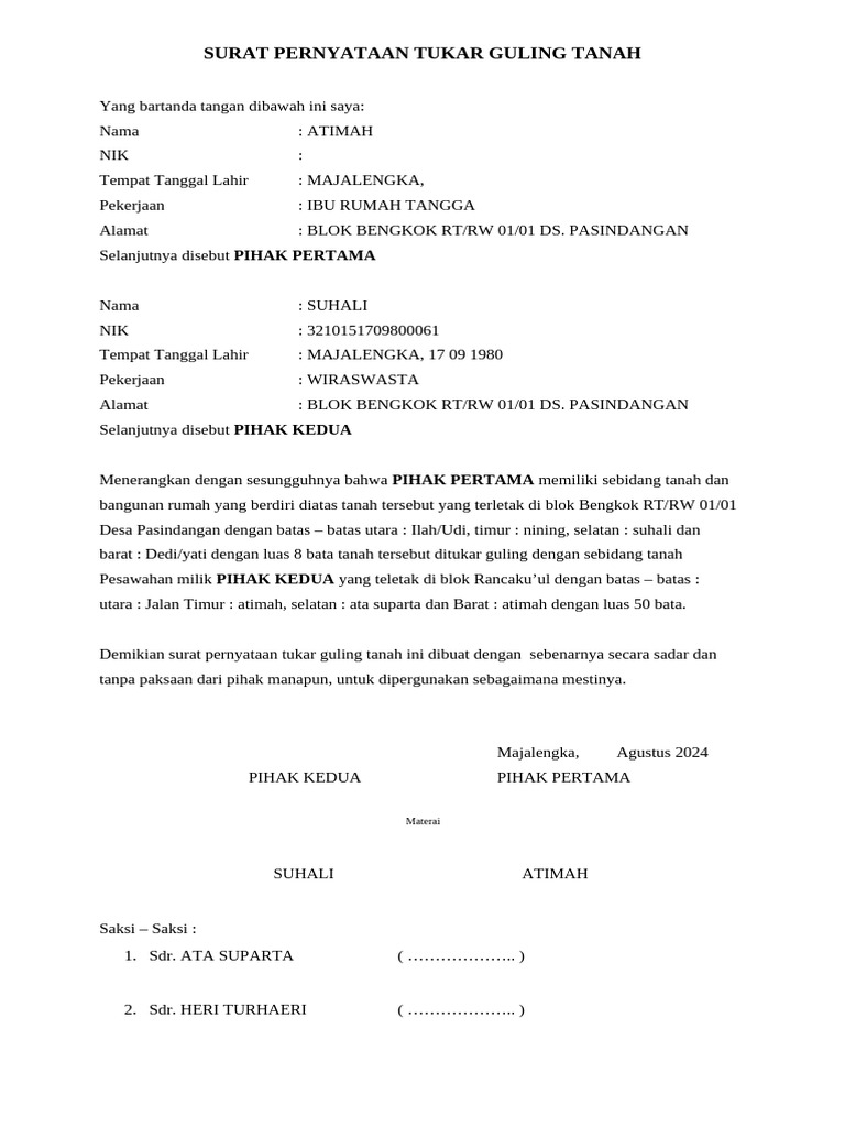 Surat Pernyataan Tukar Guling Tanah | PDF