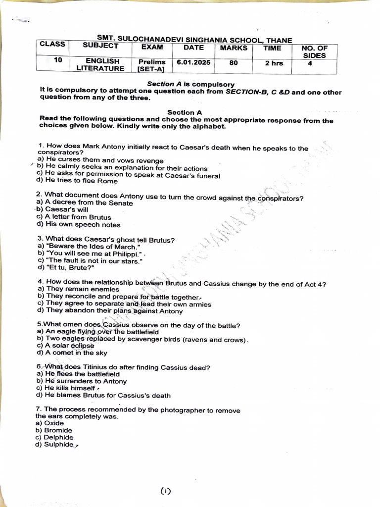 Singhania School English Literature Paper | PDF