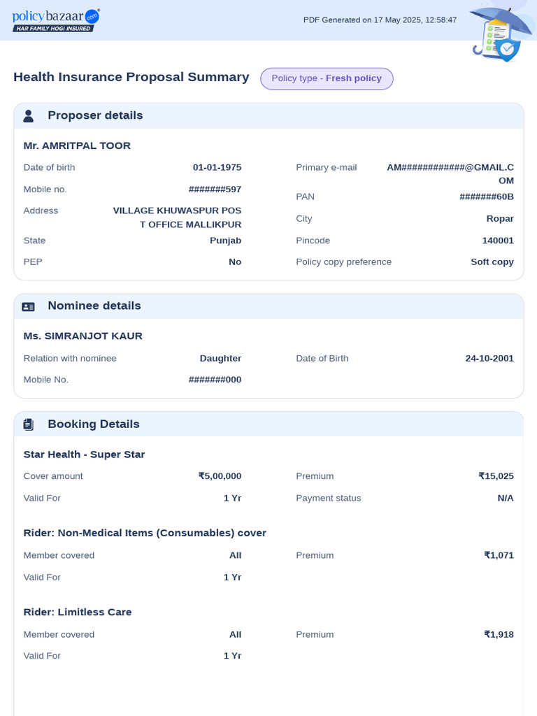 Super Star Health Insurance Proposal | PDF | Insurance