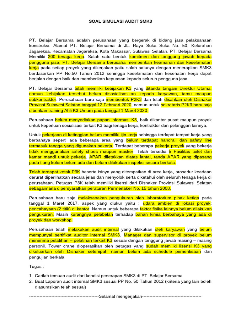Soal Simulasi Audit SMK3 Analisa Tugas | PDF