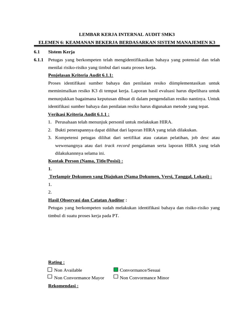 Worksheet Audit SMK3 dan K3 | PDF