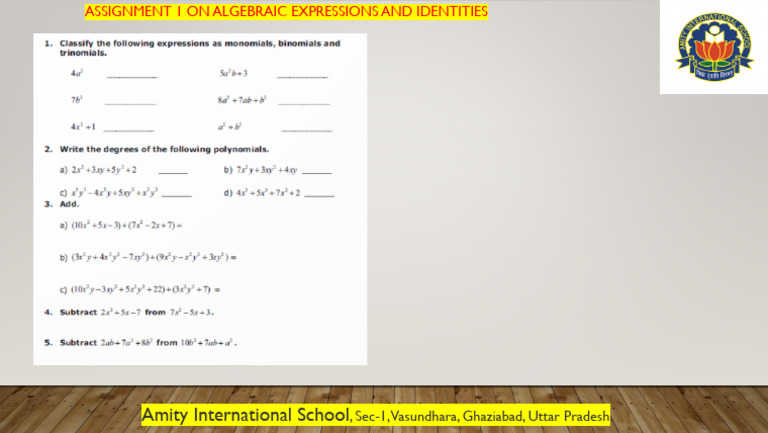 Assignment 1 On Algebraic Expression and Identities - pptx-1 | PDF