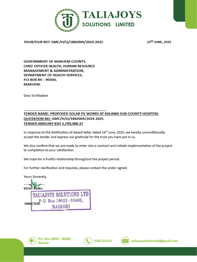 Tender Acceptance for Solar PV Works | PDF