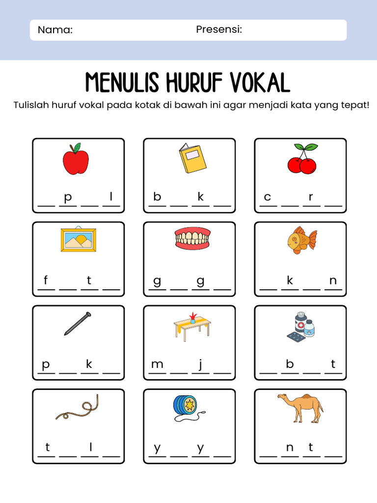 Menulis Huruf Vokal Lembar Kerja Putih Dan Biru Muda Ilustratif | PDF