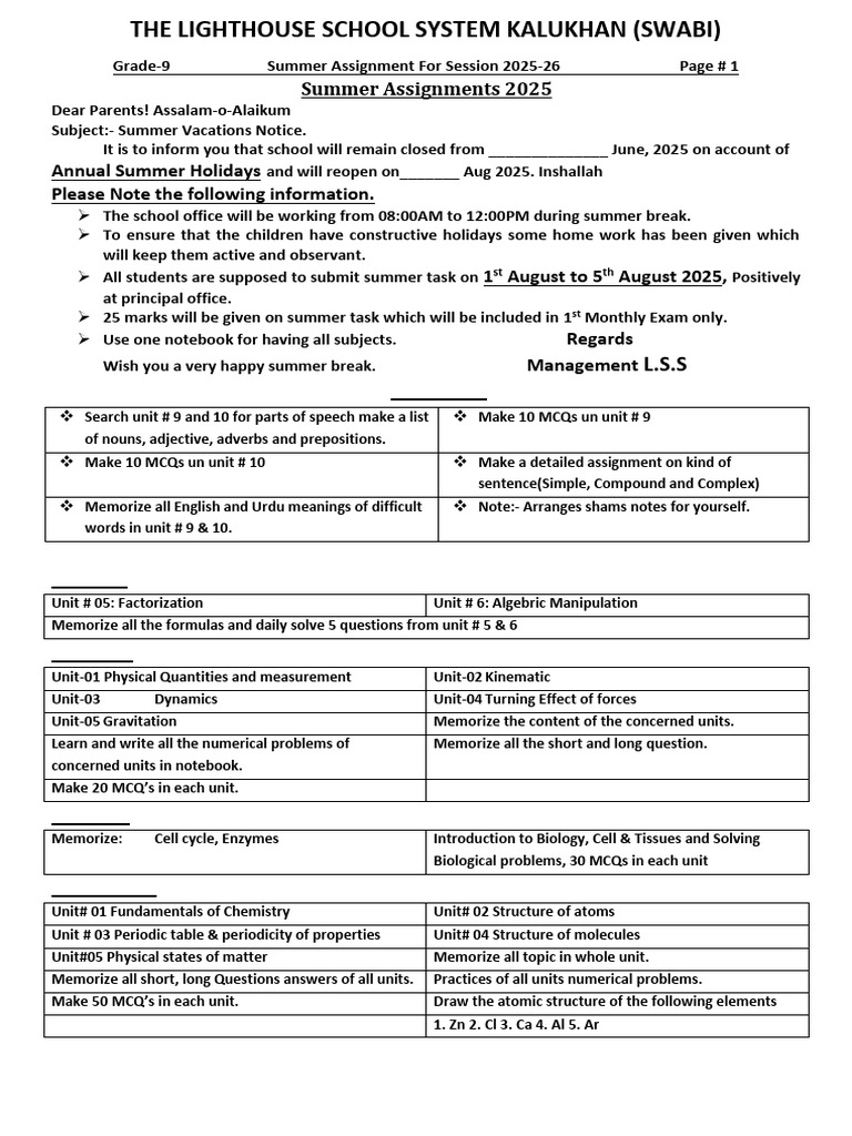 Summer Assignment of Grade 9 | PDF | Part Of Speech | Linguistics
