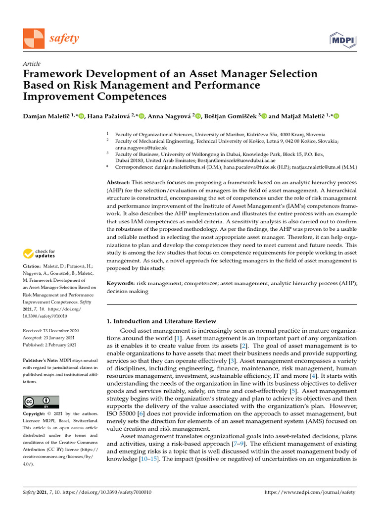 Safety 07 00010 v2 | PDF | Asset Management | Risk