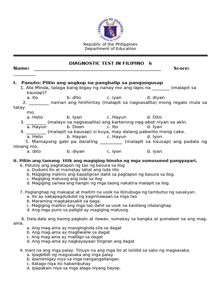 Diagnostic Test - Filipino 6 | PDF