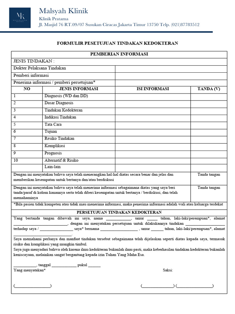 Formulir Persetujuan Tindakan Kedokteran | PDF
