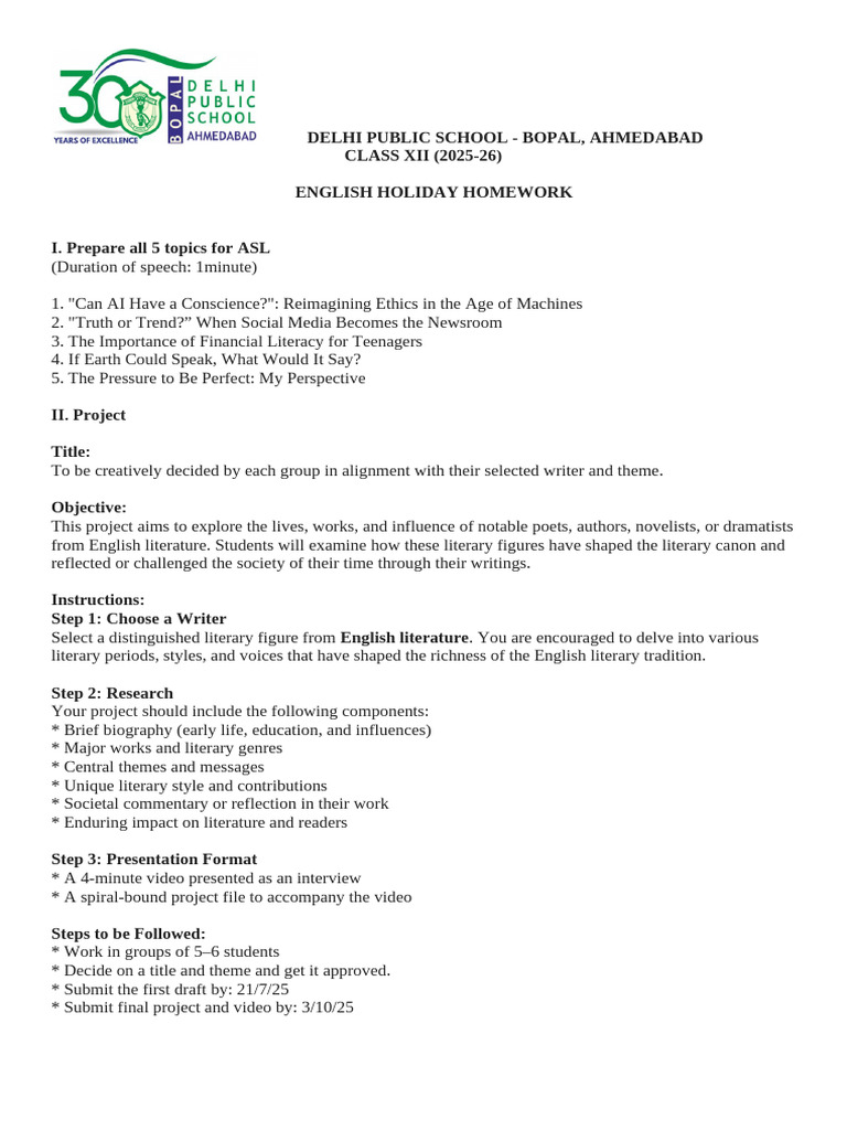 English Holiday Homework Xii 25-26 | PDF