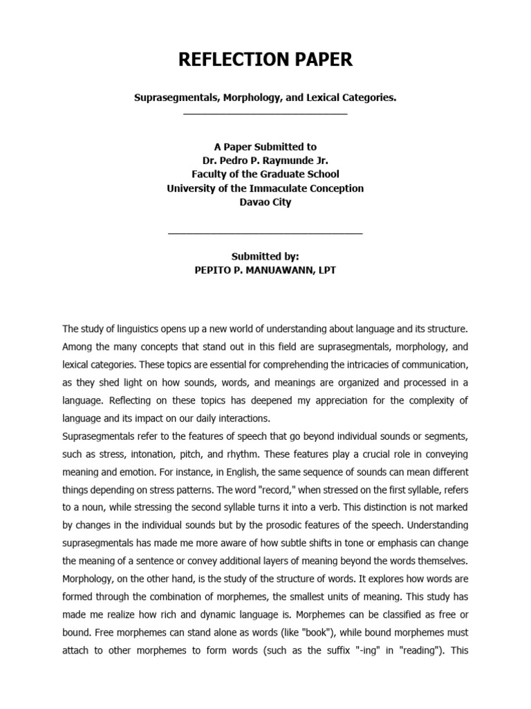 Reflection Paper-Suprasegmentals, Morphology, and Lexical Categories ...