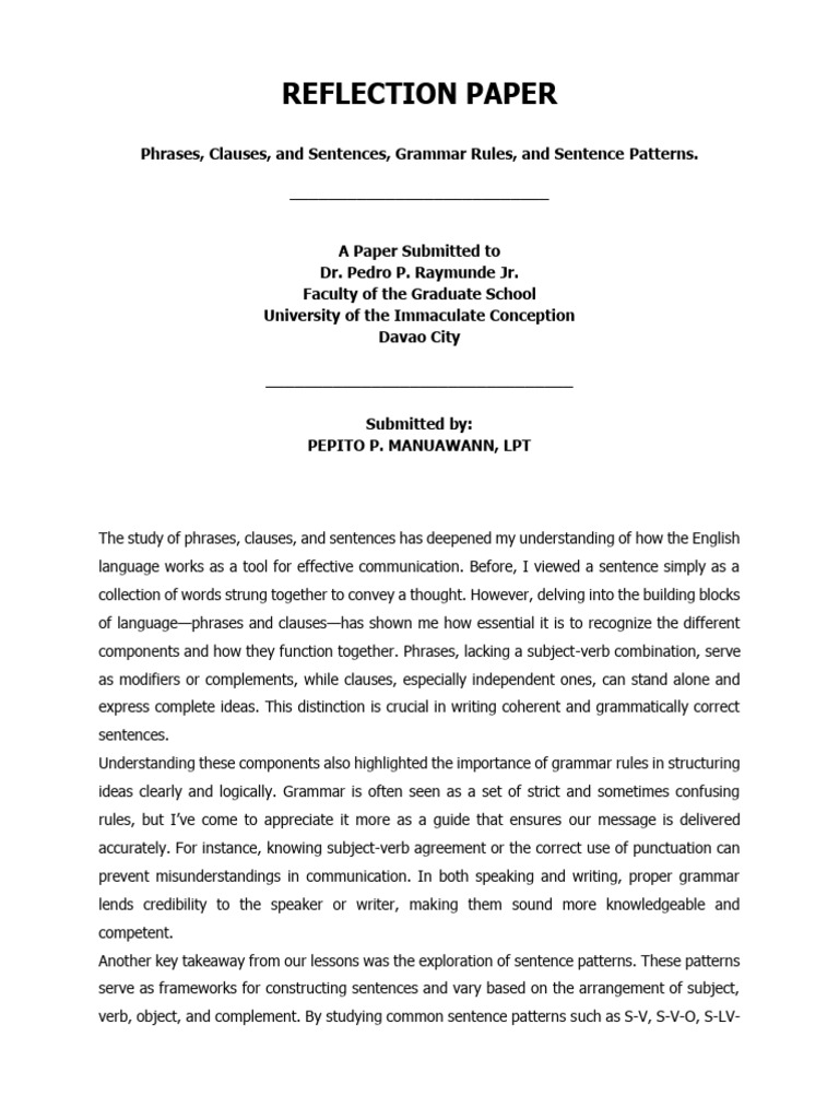 Reflection Paper On Phrases, Clauses, Sentences, Grammar Rules, and ...