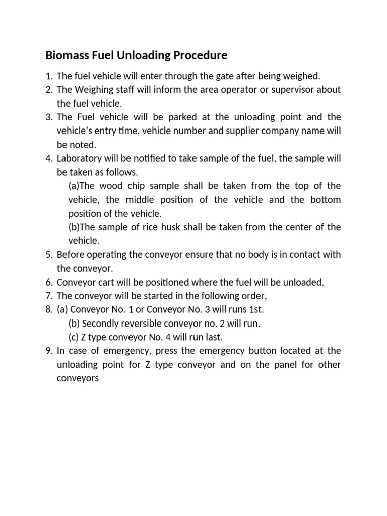 Biomass Fuel Unloading Procedure | PDF