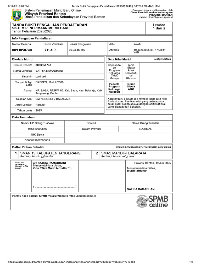 Tanda Bukti Pengajuan Pendaftaran_ 0093050740 _ SATRIA RAMADHANI3 | PDF