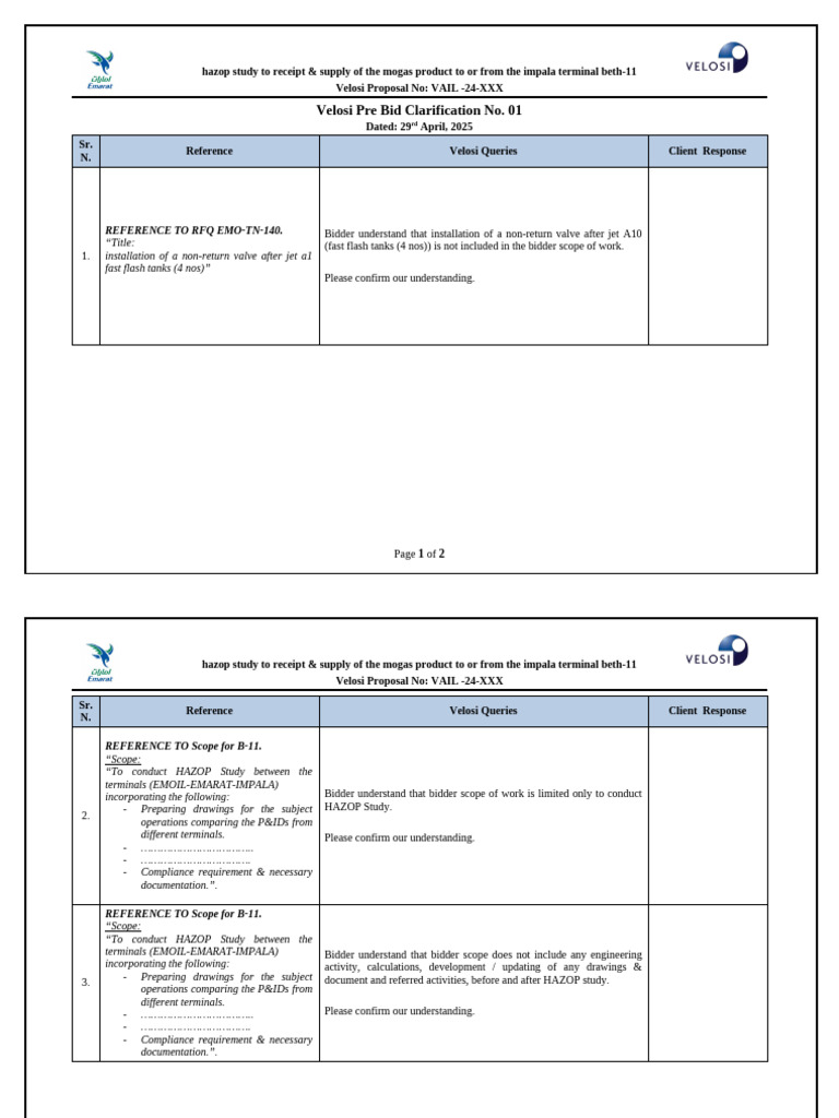 Process - Pre-Bid Clarification No. 01-HAZOP Study To Receipt & Supply of The Mogas Product To ...