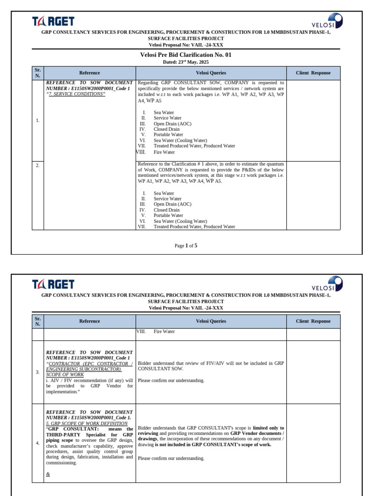 Process - Pre-Bid Clarification No. 01 - GRP Consultancy Services For Engineering, Procurement ...