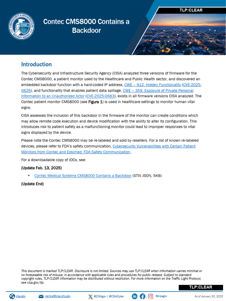 Fact Sheet Contec Cms8000 Contains A Backdoor 508c 0 | PDF | Security | Computer Security