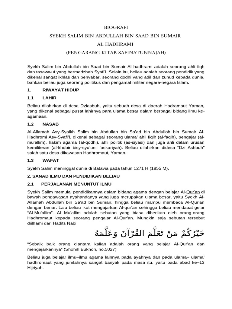 Biografi Syekh Salim Bin Abdullah Bin Saad Bin Sumair Alhadrami | PDF