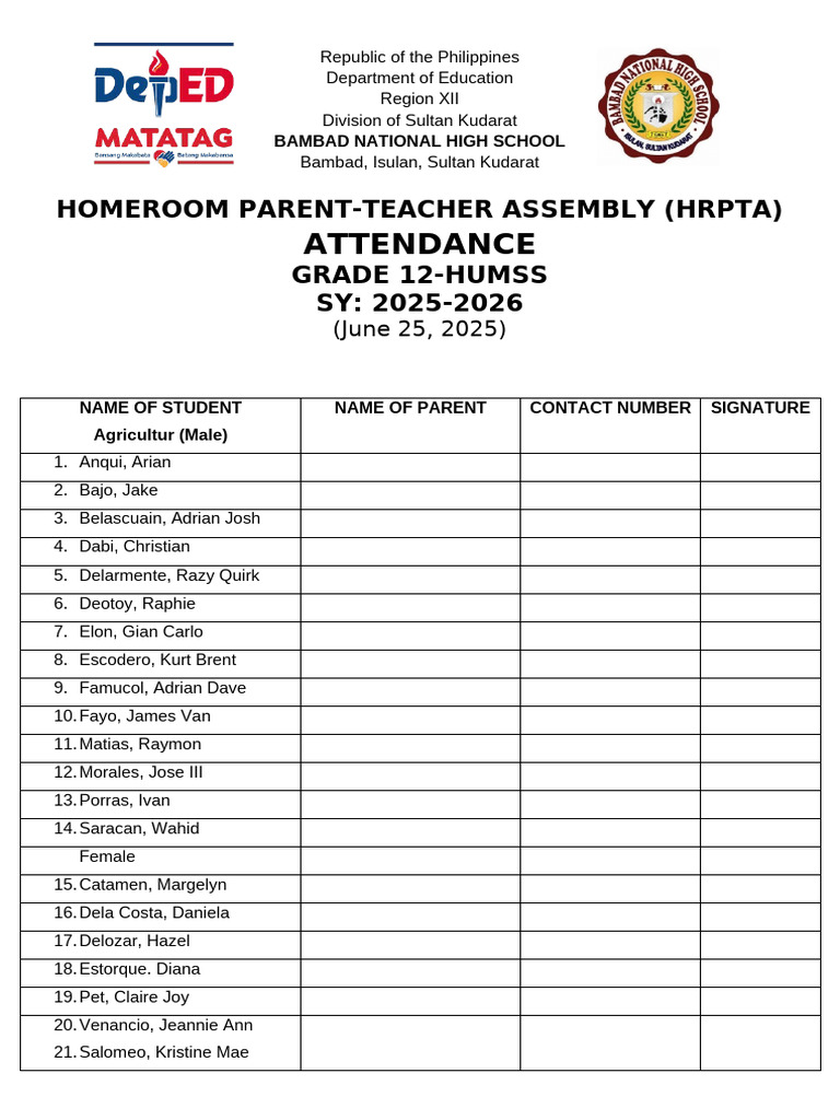 HRPTA Attendance for Grade 12-HUMSS | PDF