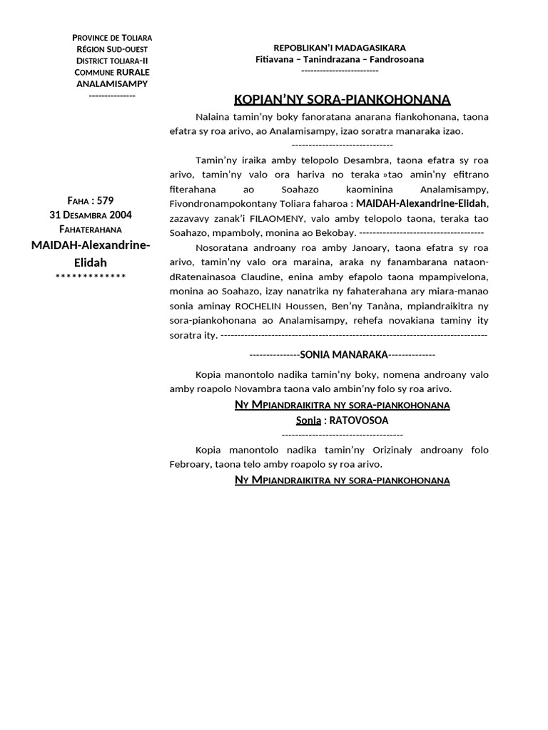 Kopia Fahaterahana Maidah Alexandrine Elidah | PDF