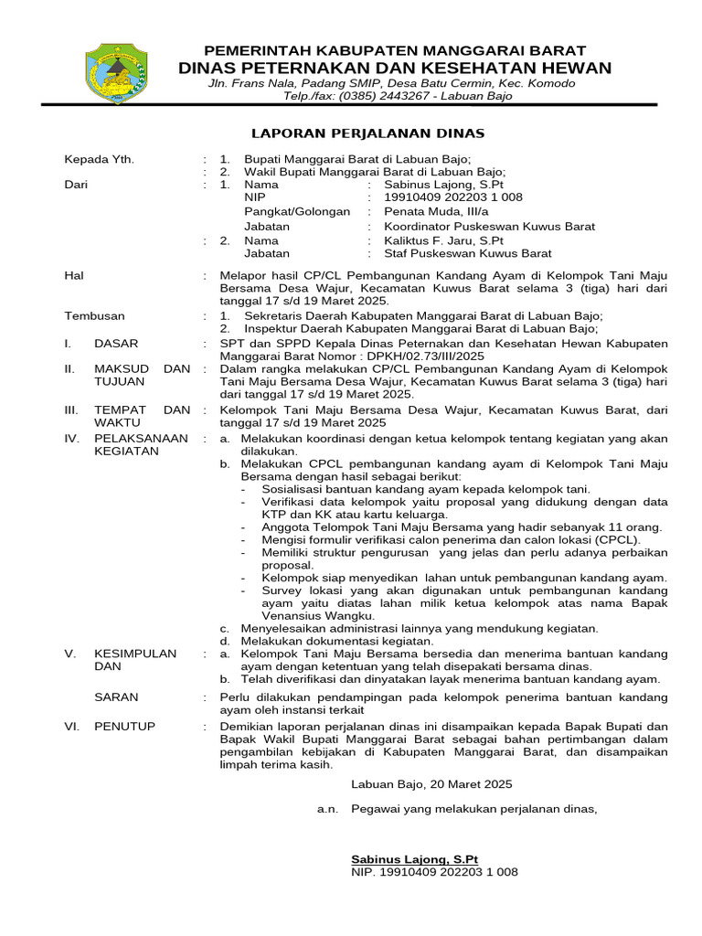Laporan Dinas Puskeswan Kubar No SPT 73 CPCL Demplot | PDF