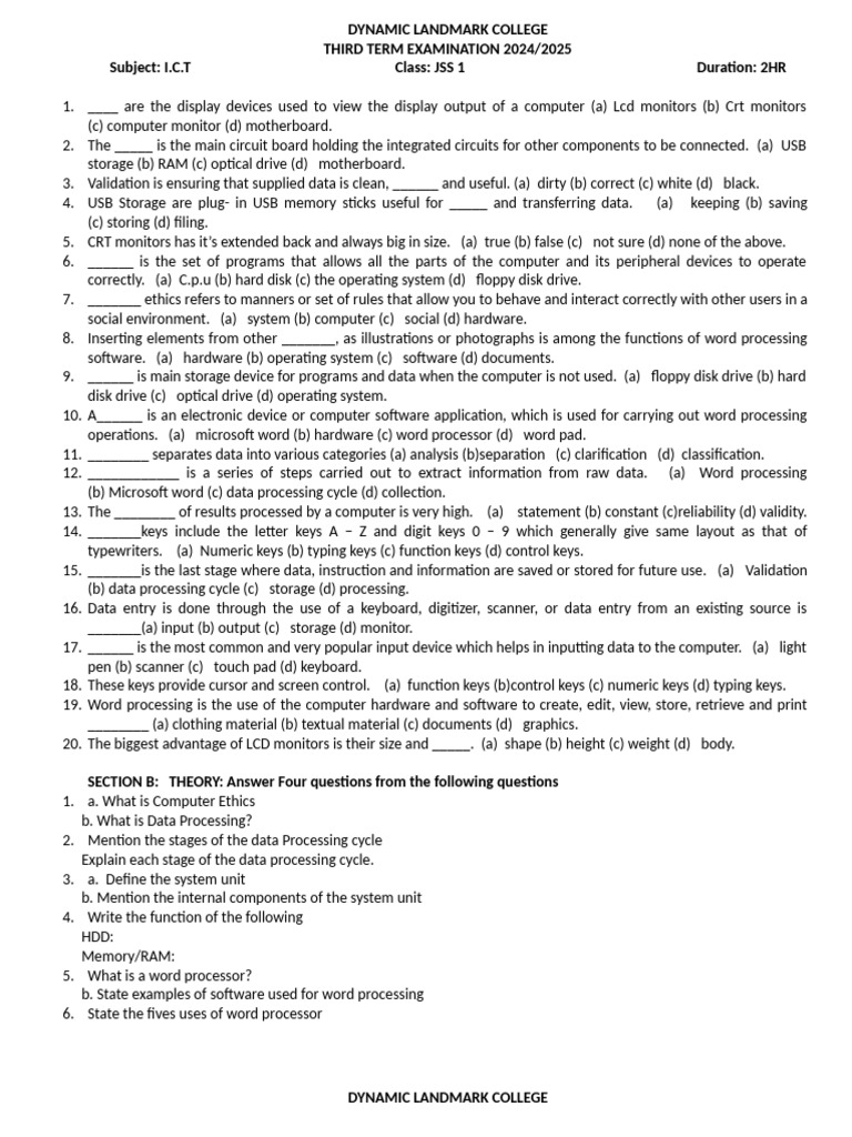 JSS1 Third Term Examination 2024 | PDF | Computer Data Storage | Databases