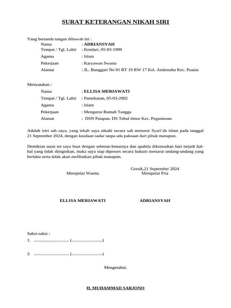 Surat Keterangan Nikah Siri Adriansyah | PDF