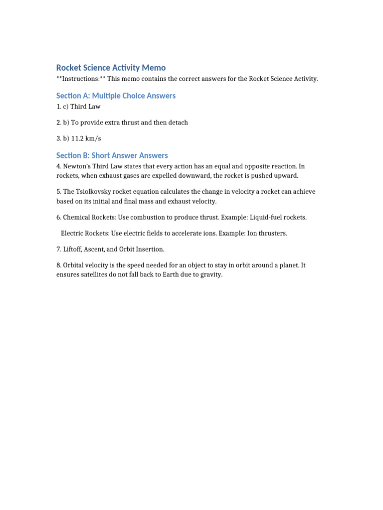 Rocket Science Activity Answers Memo | PDF