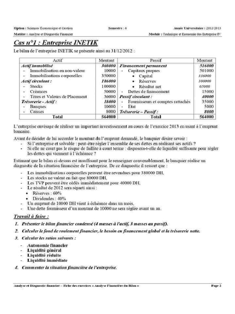 Série D'exercice Analyse Du Bilan | PDF
