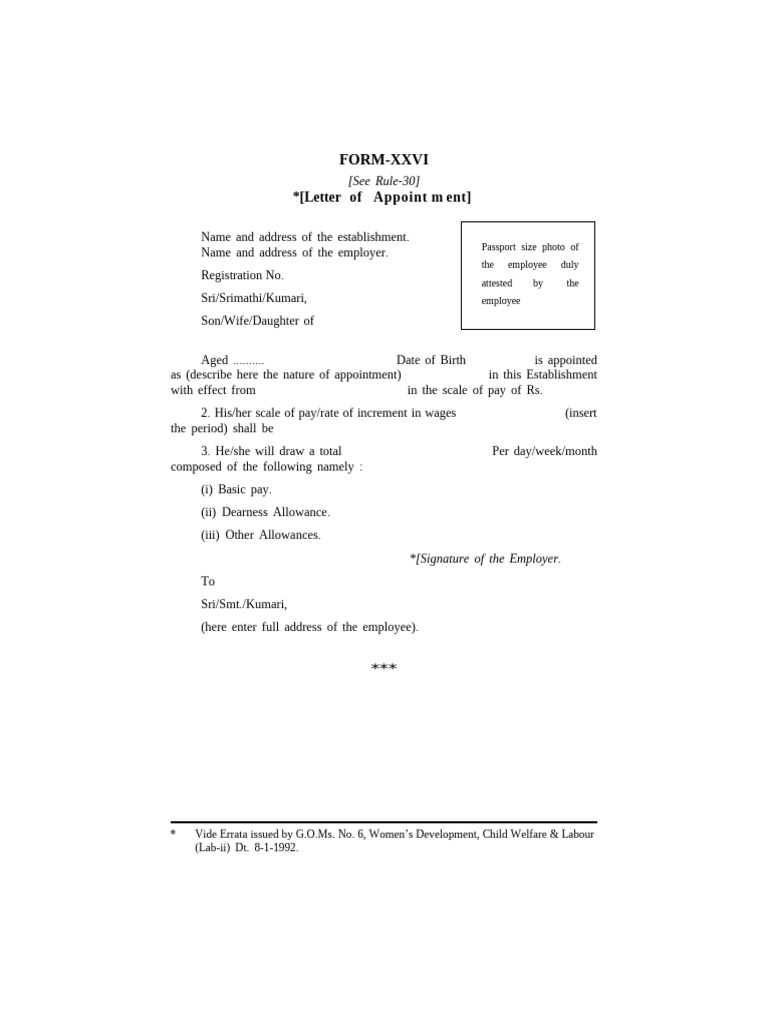Form XXVI: Appointment Letter Template | PDF