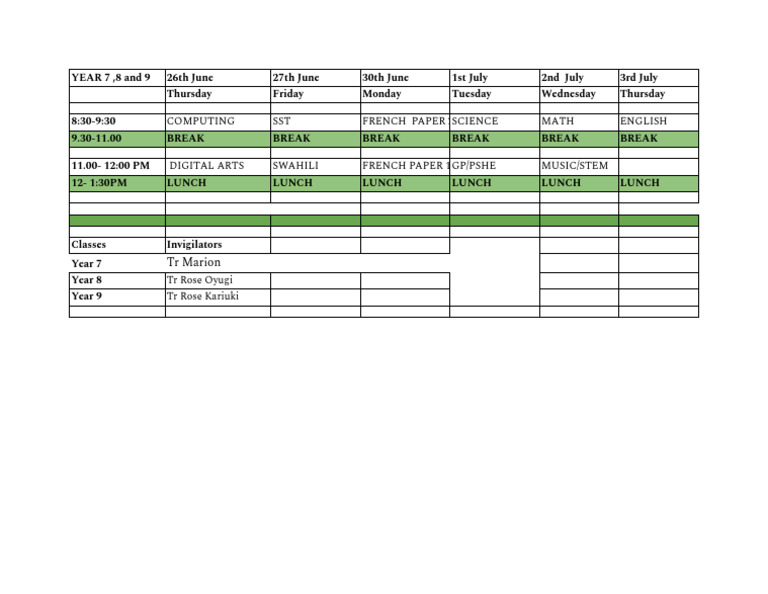 Exam Timetable Term 3-2024 - 2025.Xlsx - Year 7,8,9 | PDF