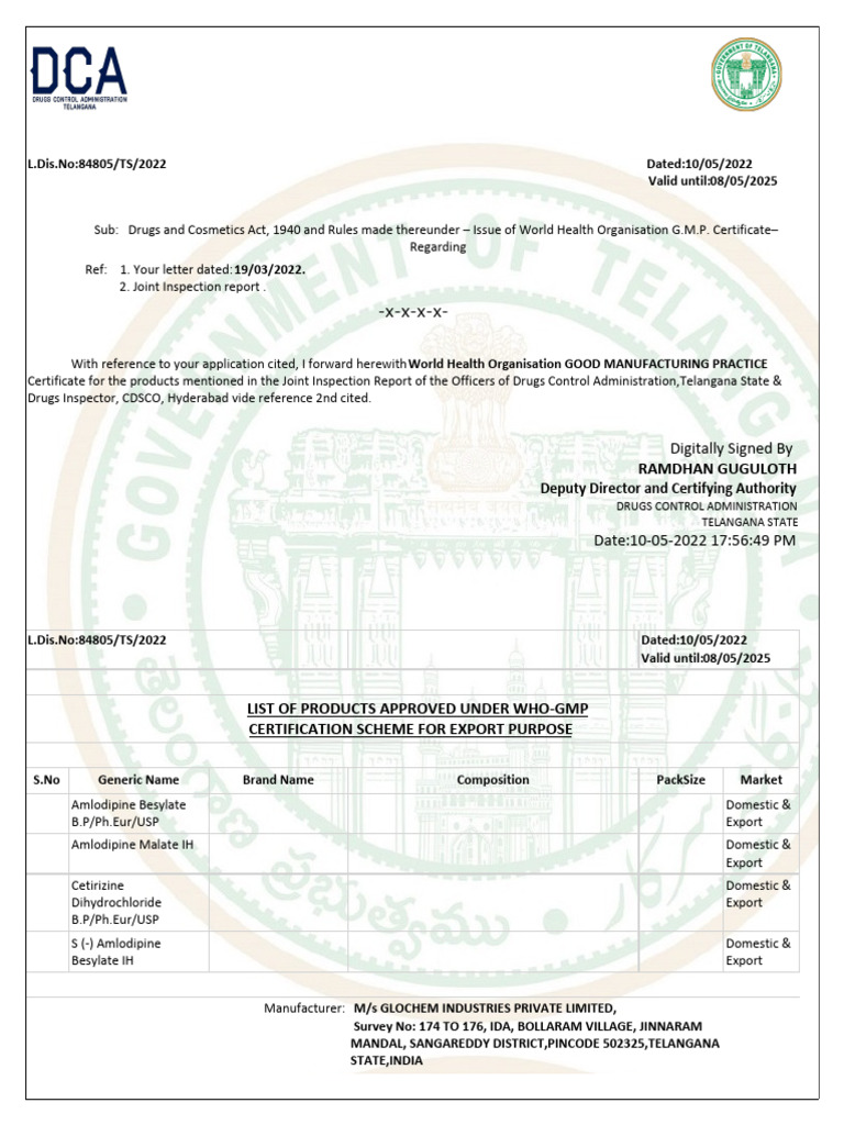 WHO GMP Certificate for Glochem Industries | PDF | Pharmacology