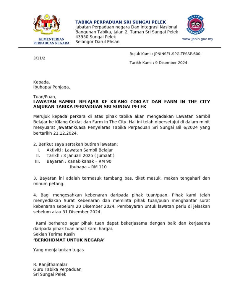Surat Lawatan Dan Kebenaran Ibubapa | PDF