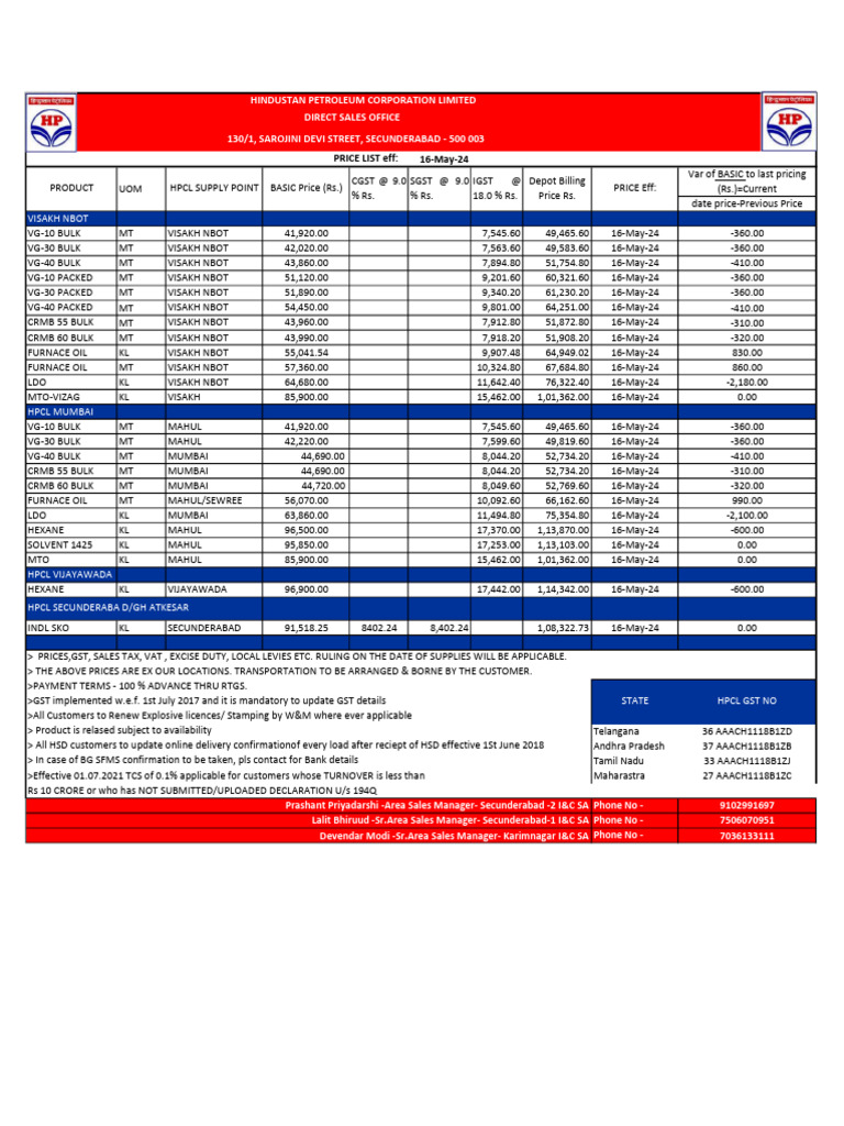 HPCL Price List - 2nd FN - May-24 | PDF | Public Finance | Payments