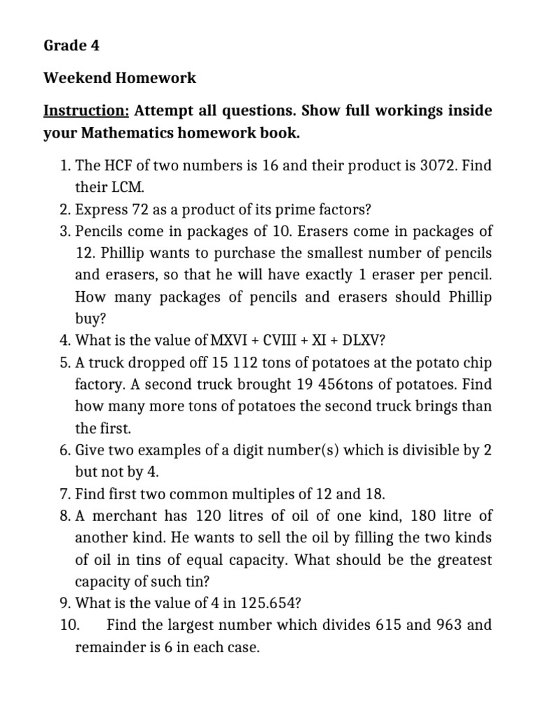 Grade 4 Math Homework Questions | PDF