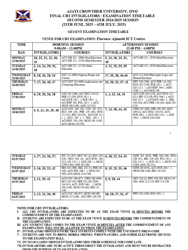 Final CBT Invigilators 2024-2025 2ND Semester Timetable | PDF