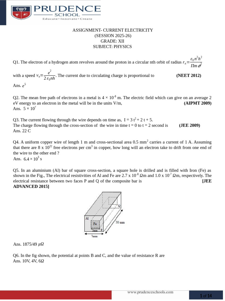 Assignment Chapter 3 XII Physics | PDF | Electrical Resistivity And Conductivity | Electron