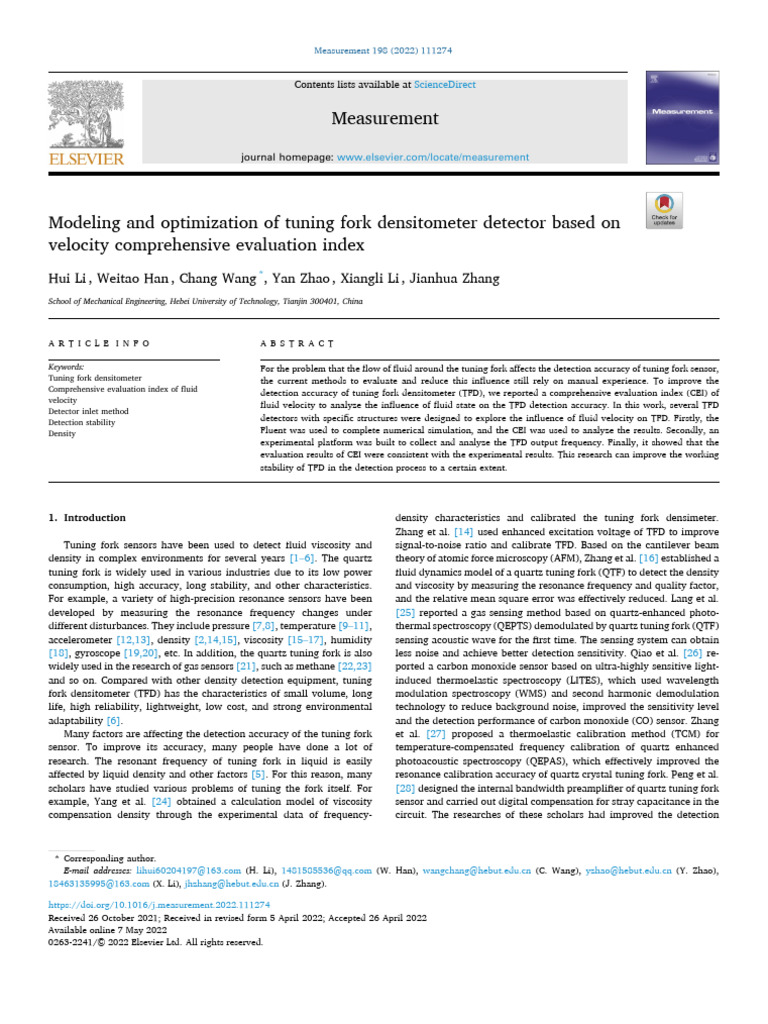 Modeling and Optimization of Tuning Fork Densitometer Detector Based On Velocity Comprehensive ...